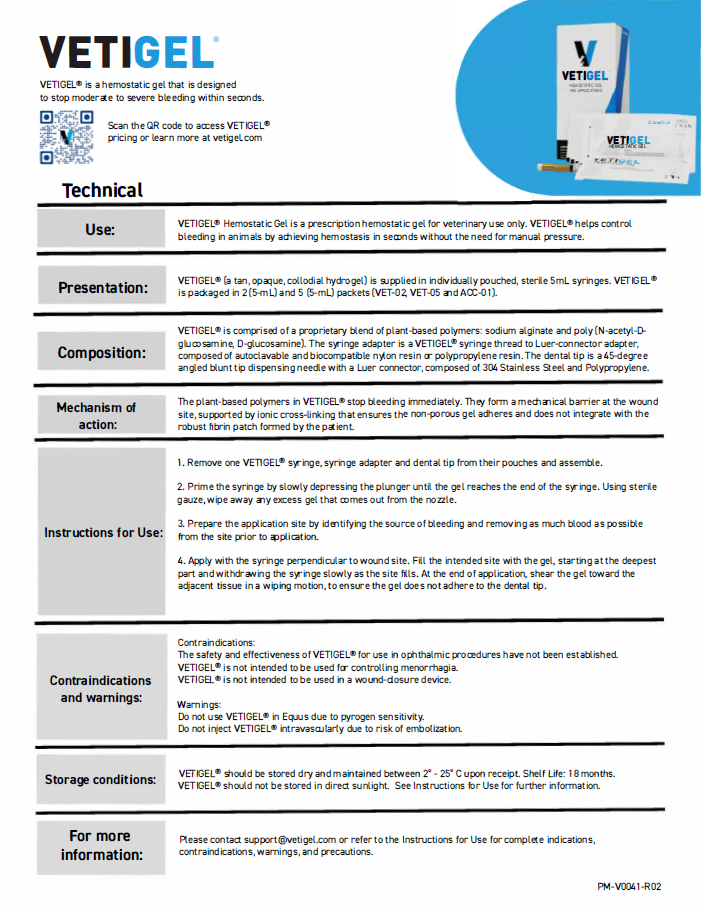 Technical Product Spec Sheet Bundle (QTY=20 ea) – VETIGEL® Hemostatic Gel